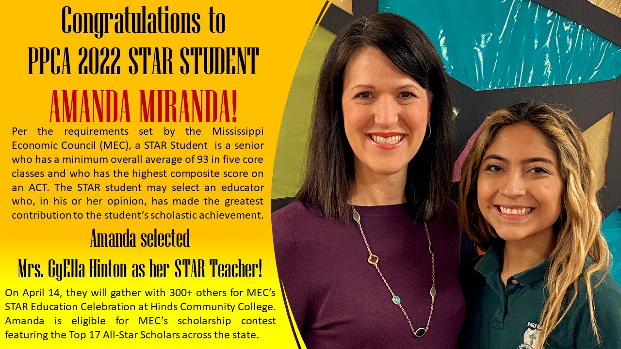 Amanda Miranda selected as STAR Student - Park Place Christian Academy